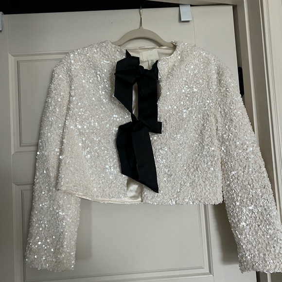 H&M | Jackets & Coats | Hm Viral White Sequin Blazer With Black Bow Xs ...